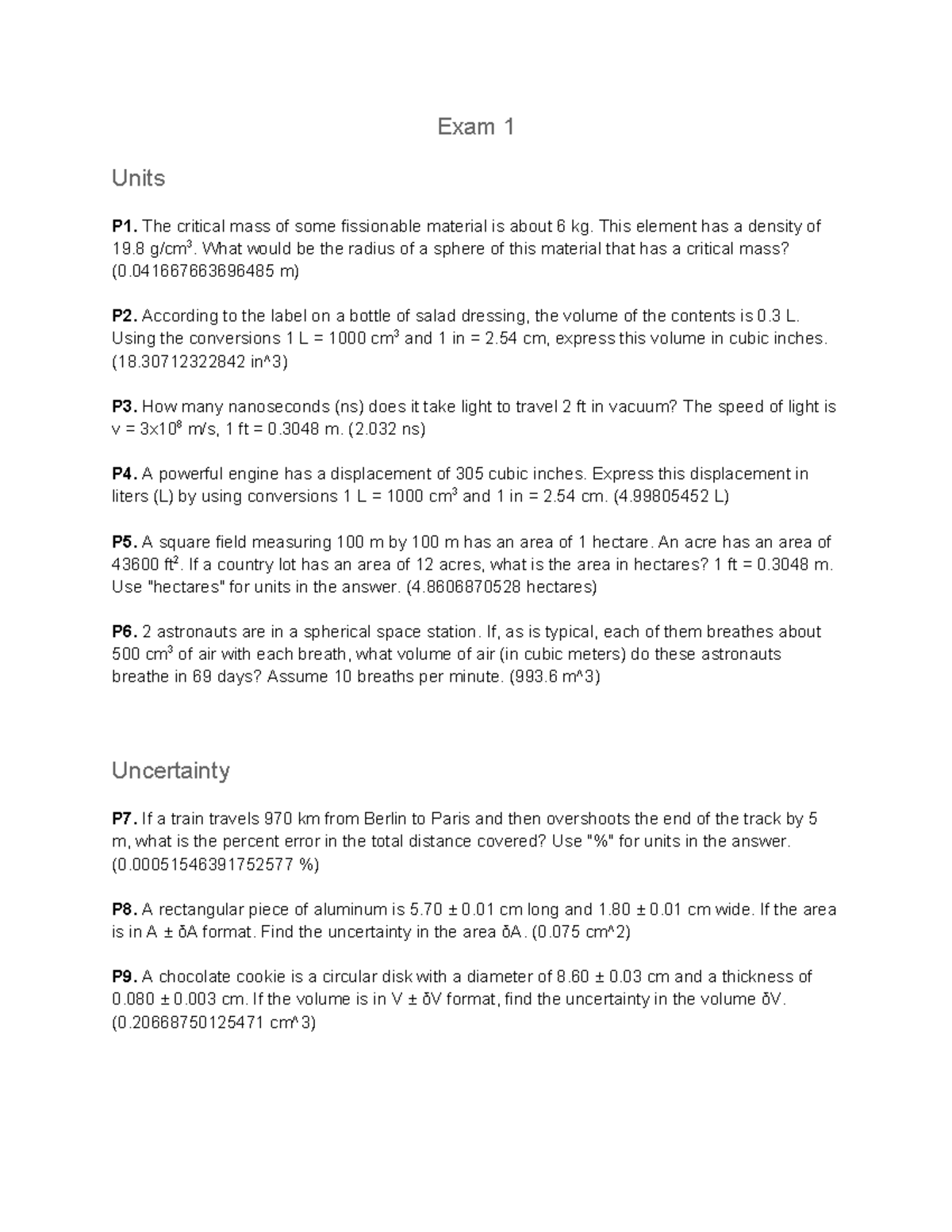 PHYS161 Exam 1 - First 100 assignments - Exam 1 Units P1. The critical ...
