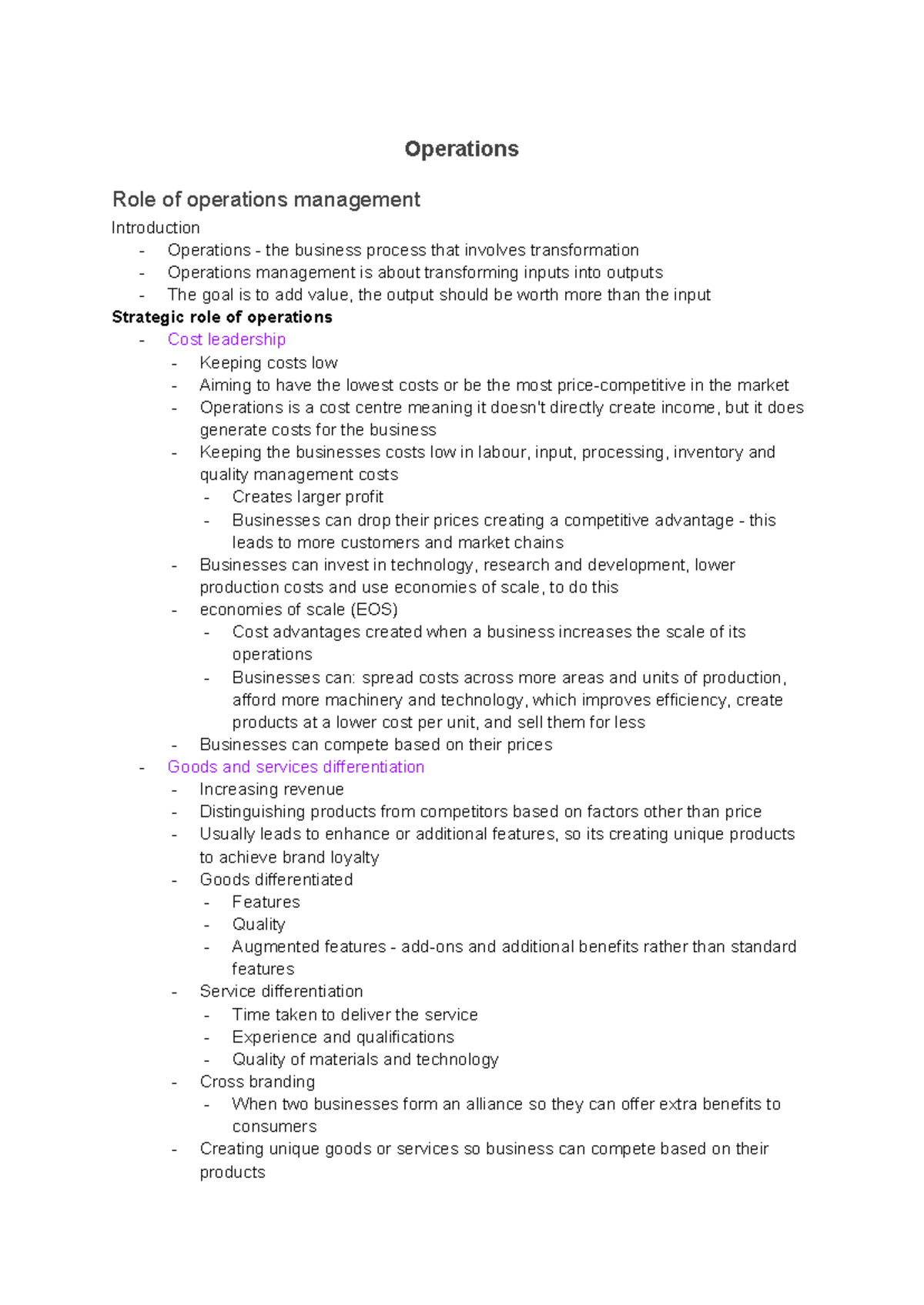 Operations notes - Operations Role of operations management ...
