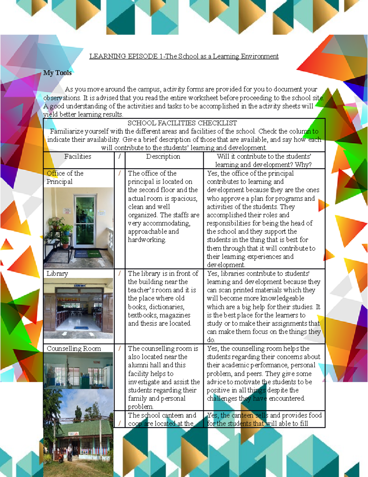 Field Study 1 Answer - LEARNING EPISODE 1-The School as a Learning ...