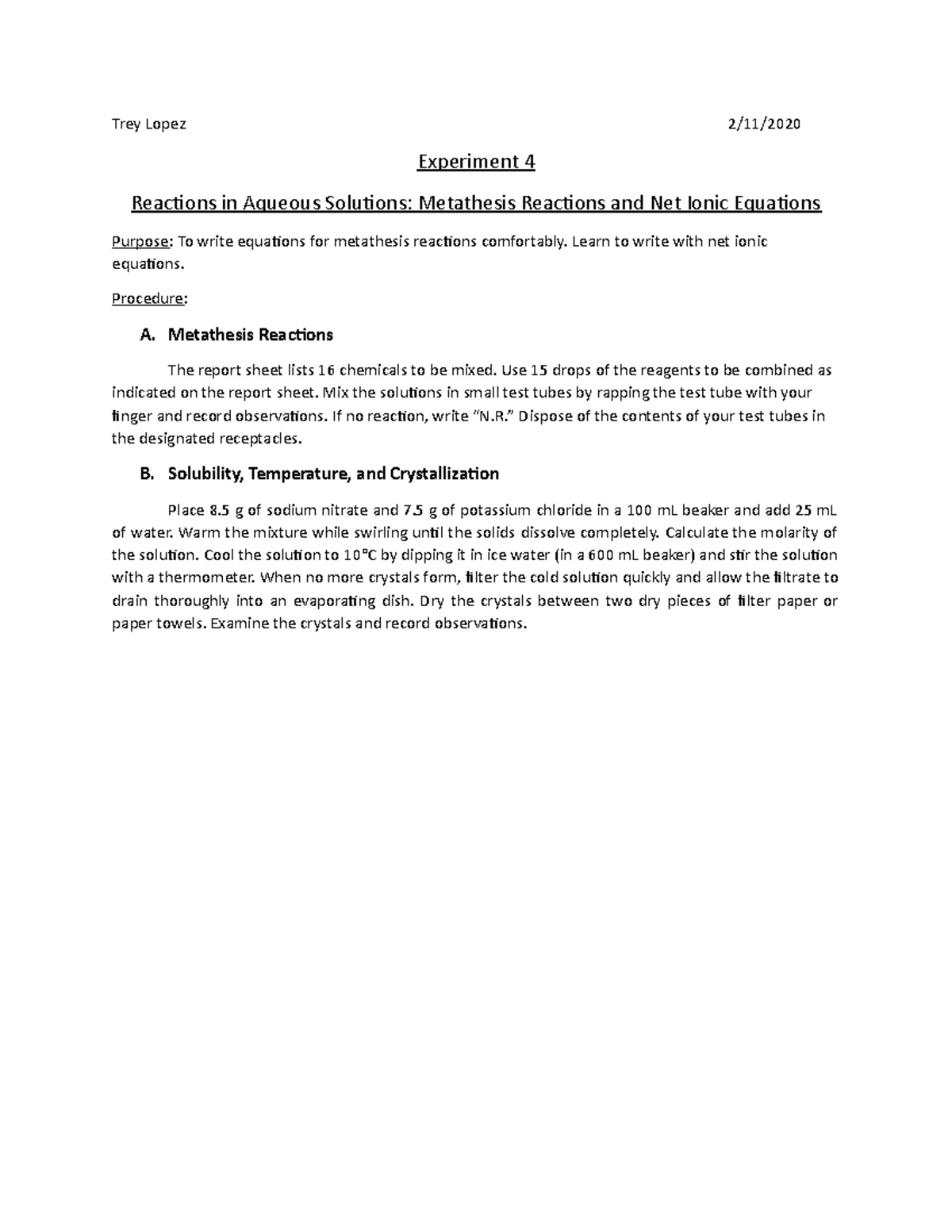 Lab Summary 4 (Lopez, Trey) - Trey Lopez 2/11/ Experiment 4 Reactions ...