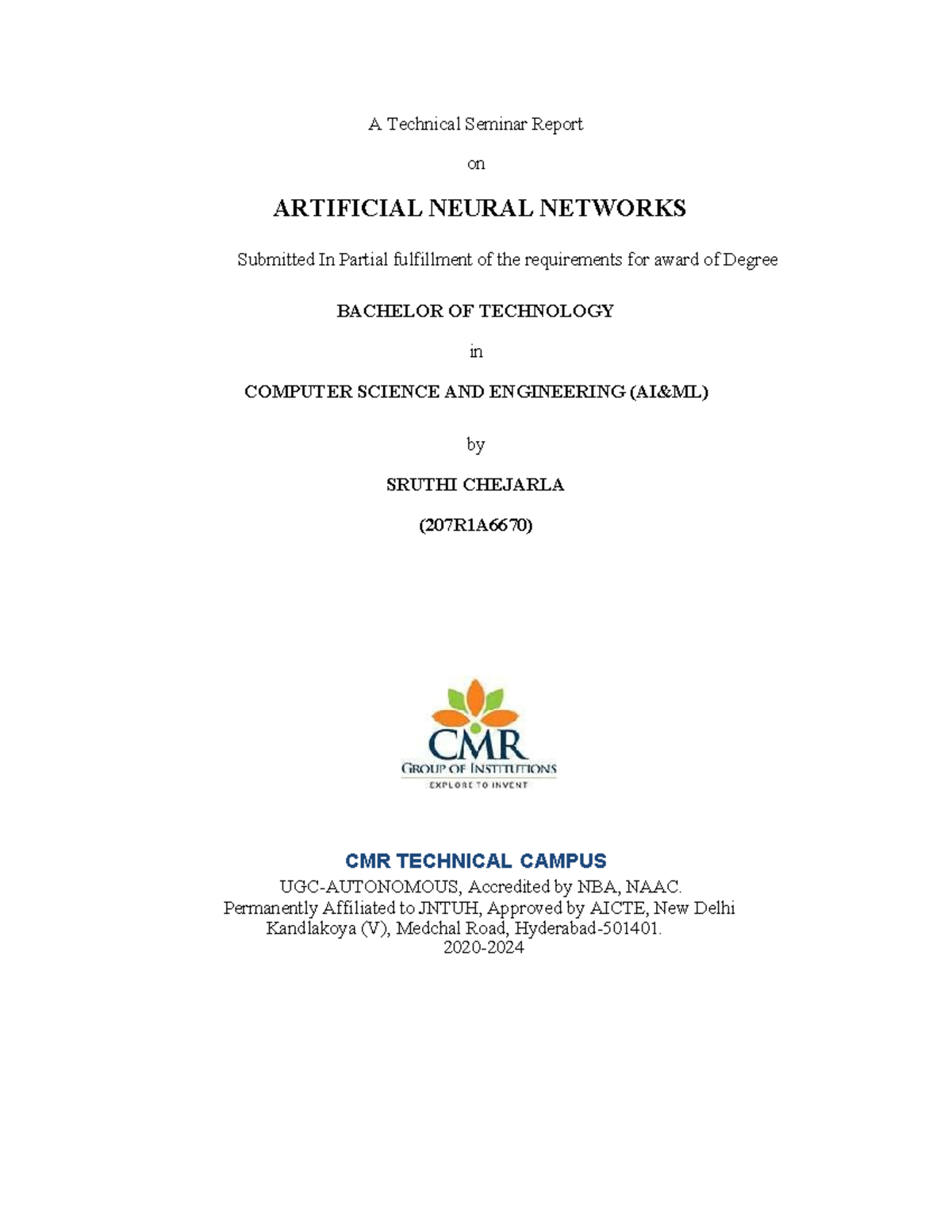 seminar report on - A Technical Seminar Report on ARTIFICIAL NEURAL ...