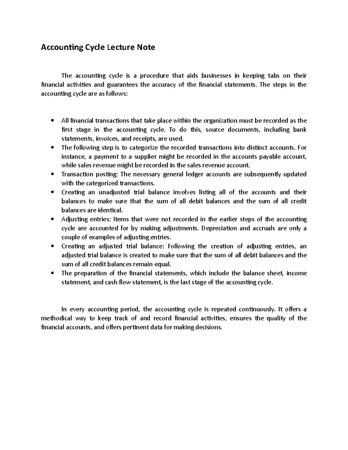 Lecture Notes Accounting Cycle Lecture Note Accounting Cycle Lecture Note The Accounting