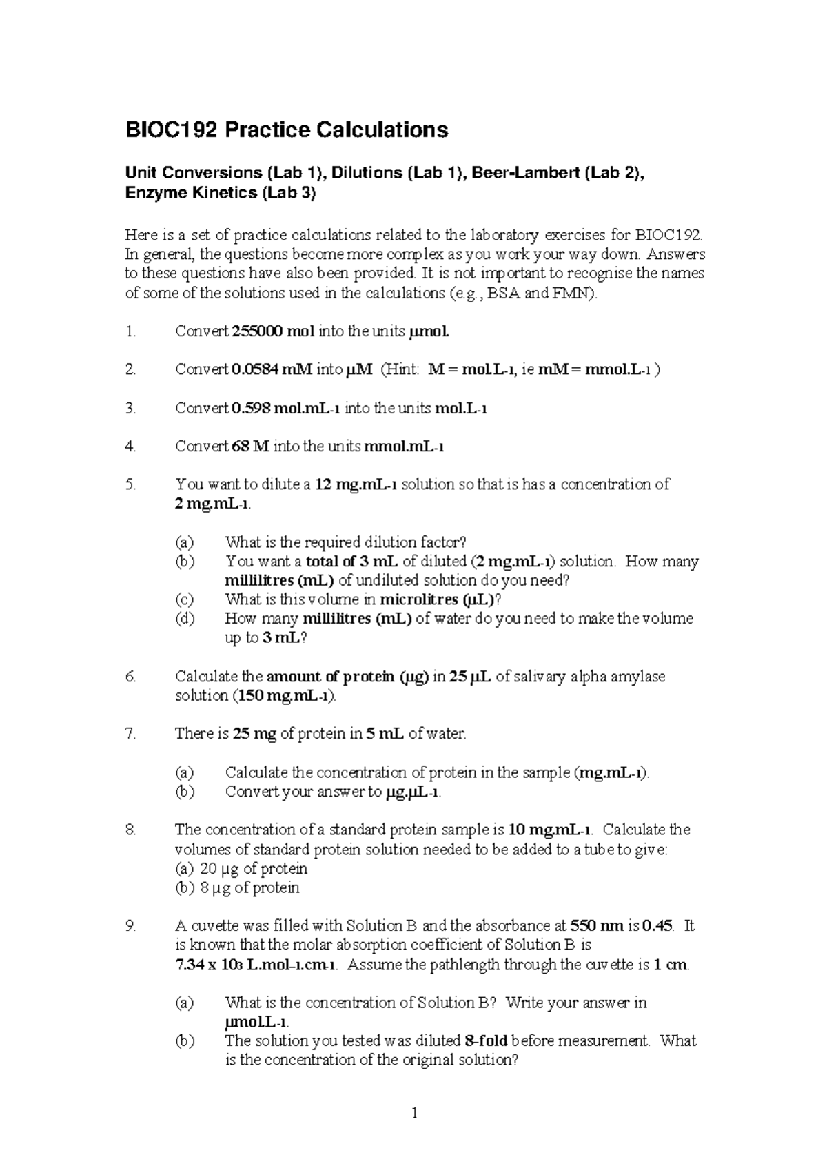 Practice Calculations 2020 - 1 BIOC192 Practice Calculations Unit ...