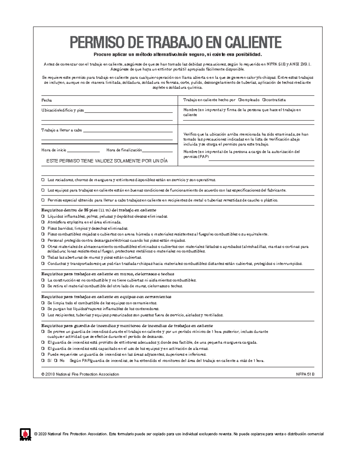 Hot Work Permit Spanish networking - © 2020 National Fire Protection ...