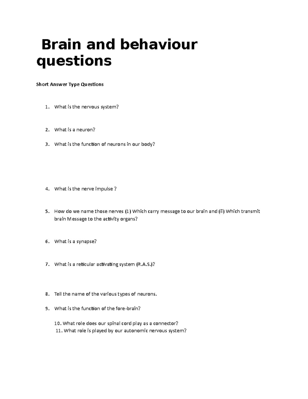 Brain and behaviour questions - Brain and behaviour questions Short ...