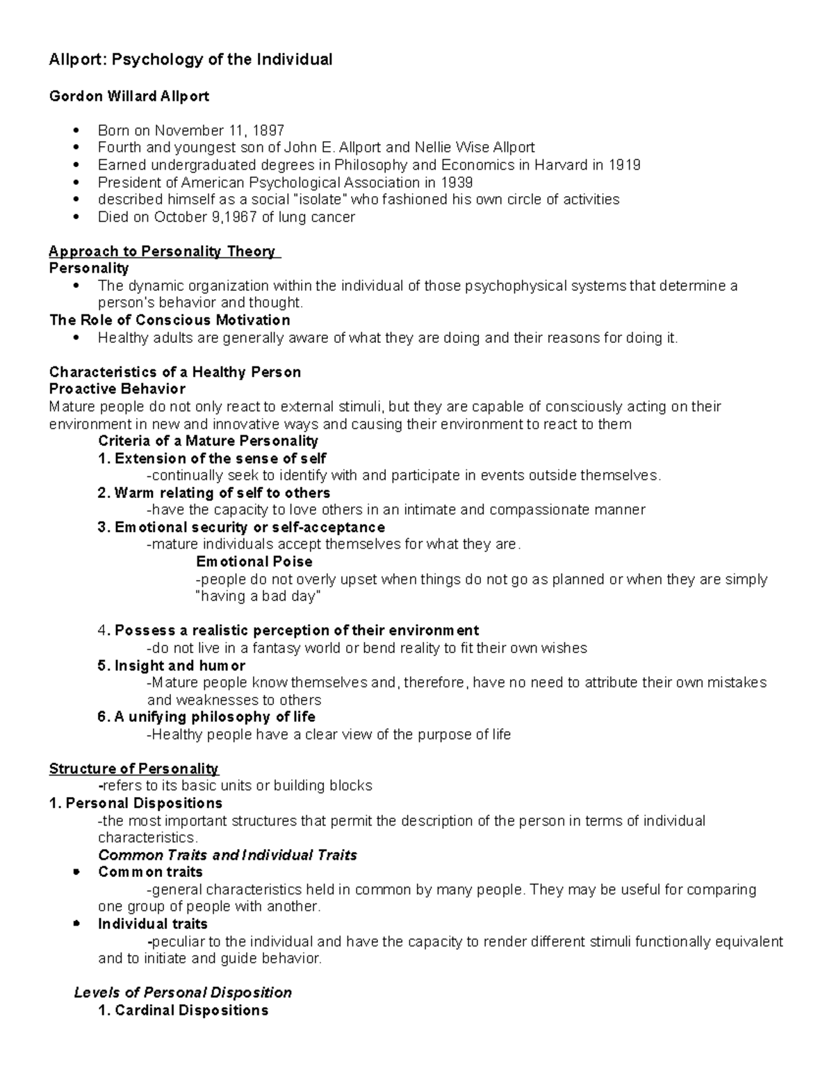 Allport handout - Allport: Psychology of the Individual Gordon Willard ...