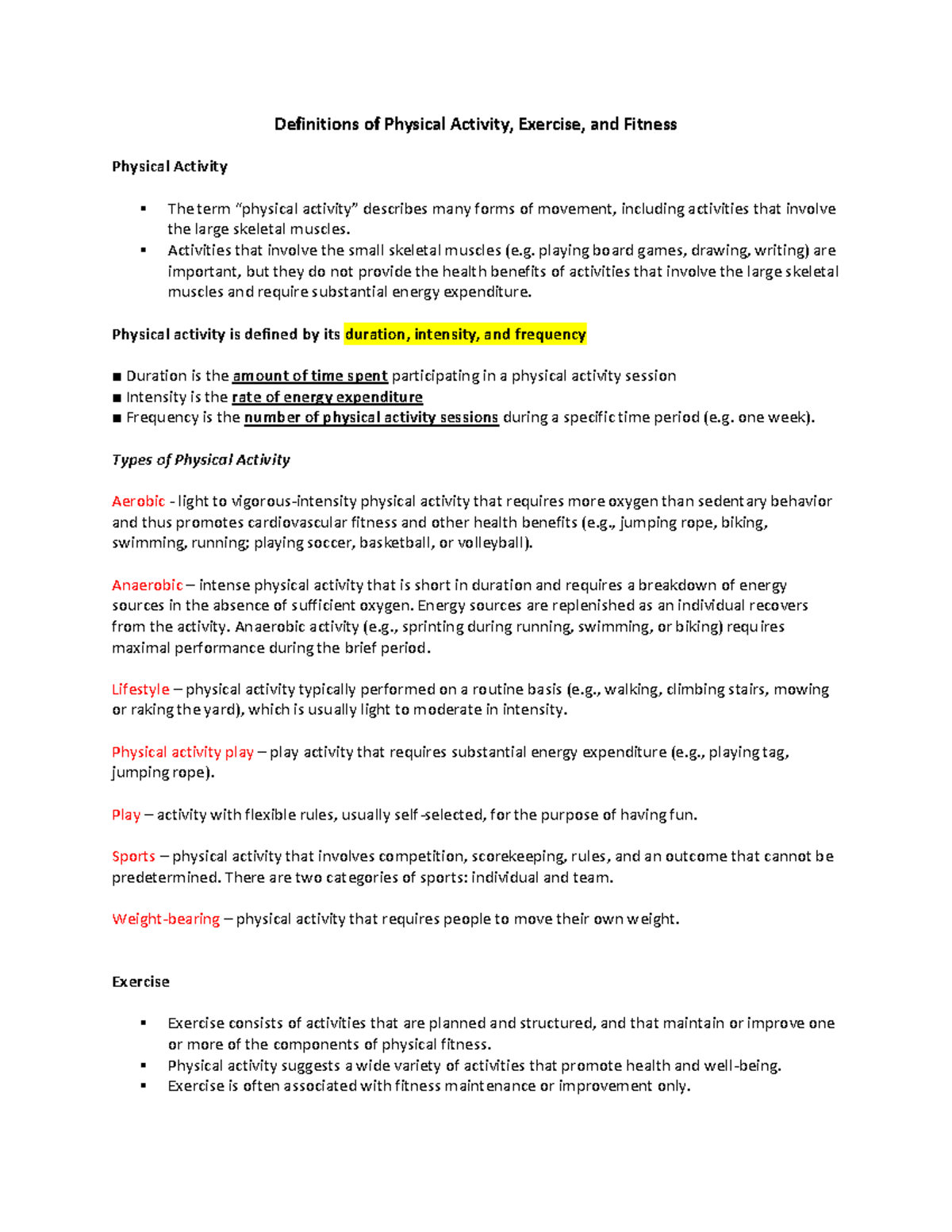 Continuation-Phy Ed - NOTES - Definitions of Physical Activity ...