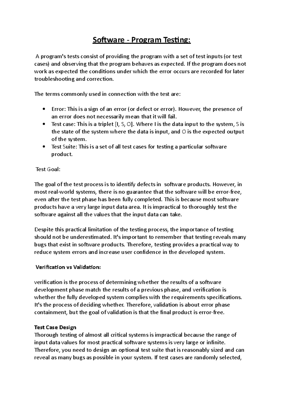 Software Program Testing: Test Cases Test Suites and Test Design - Studocu
