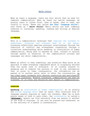 Teaching AND Assessment OF Macro Skills Four Macro Skills in ...