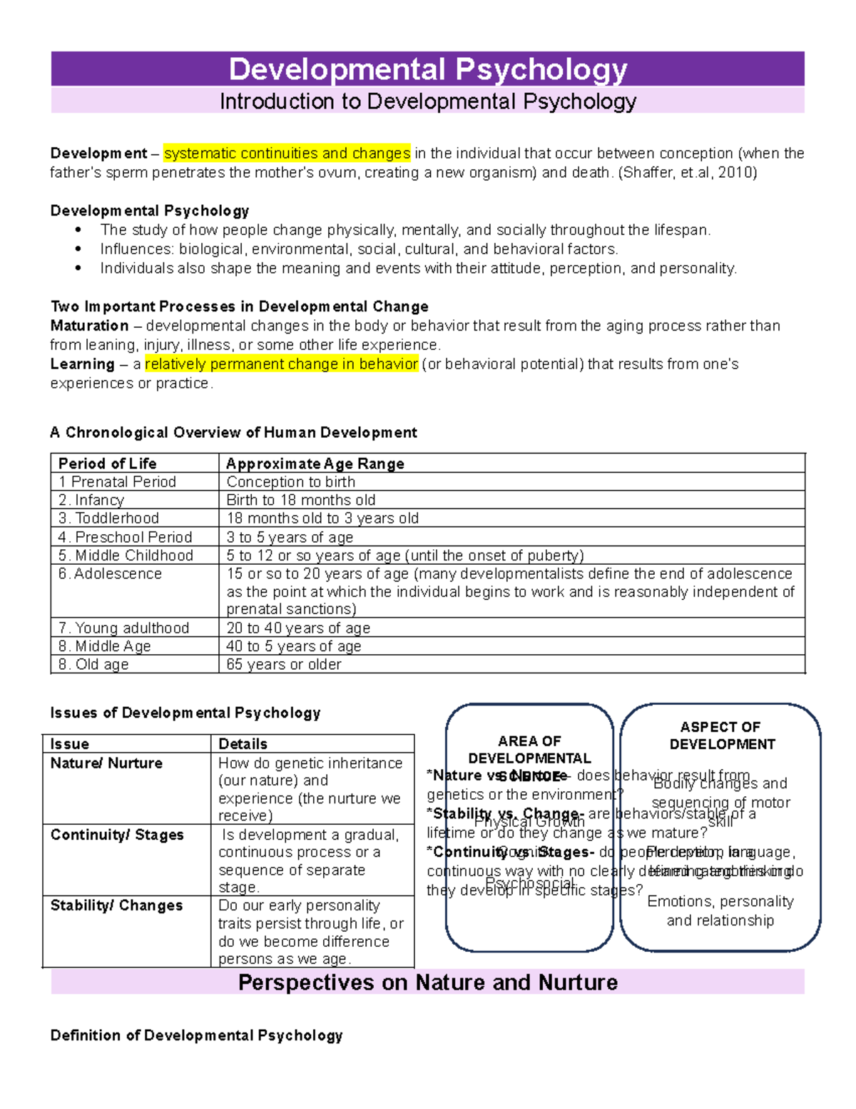 Devpsych 1 - Lecture Notes for Developmental Psychology - AREA OF ...