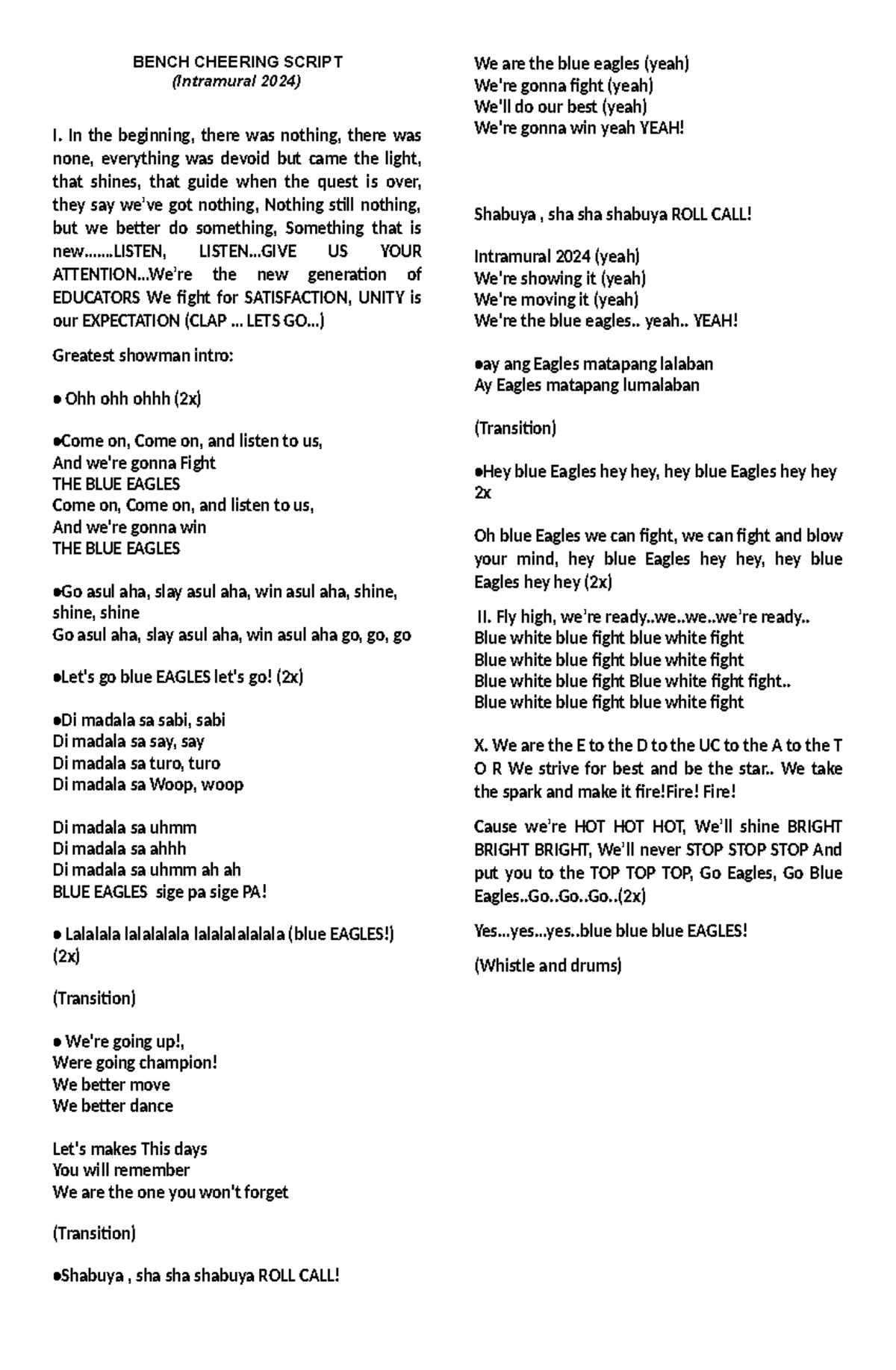 Bench- Cheering- Script - BENCH CHEERING SCRIPT (Intramural 2024) I. In ...