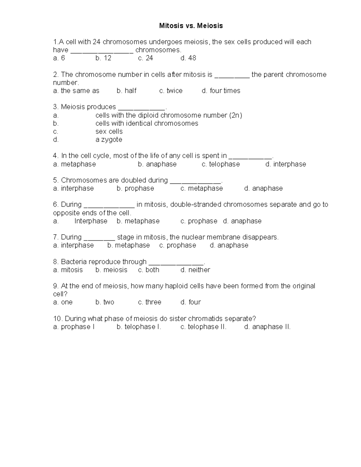 Mitosis vs meiosis quiz KEY - Mitosis vs. Meiosis 1 cell with 24 ...
