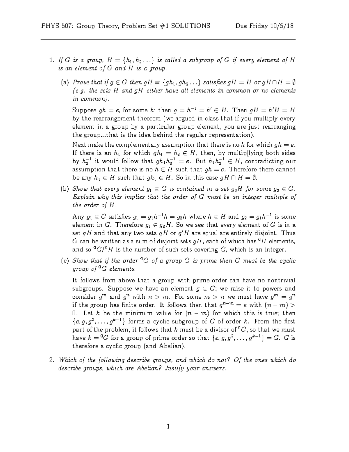 Phys 507 Homework 1 solution - PHYS 507: Group Theory, Problem Set #1 ...