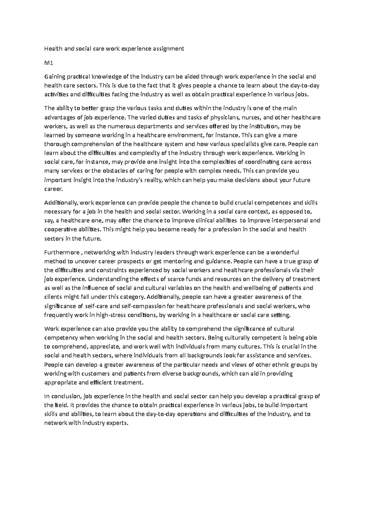 Health and social care work experience assignment p1 - Health and ...