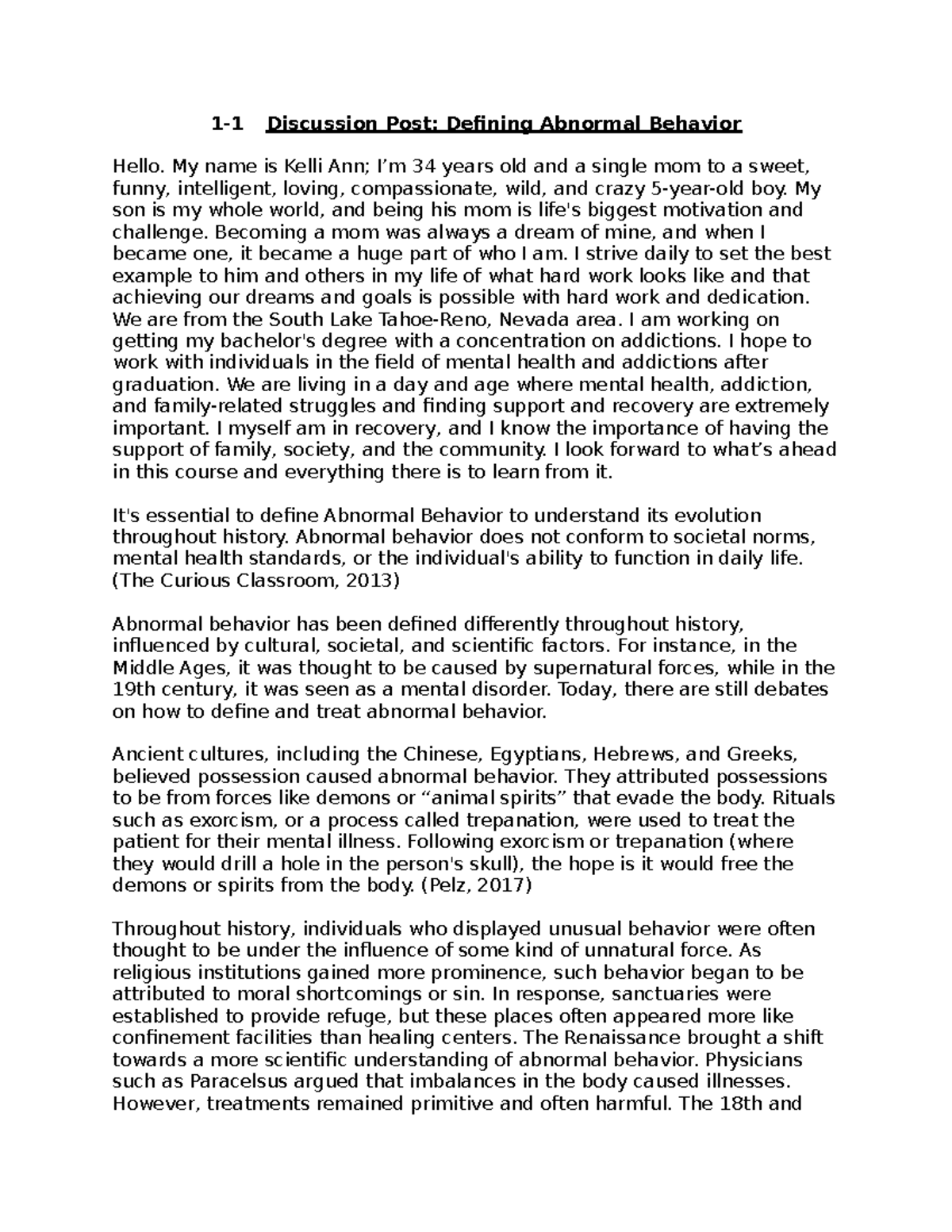 1-1 Discussion Post Defining Abnormal Psychology - 1-1 Discussion Post ...