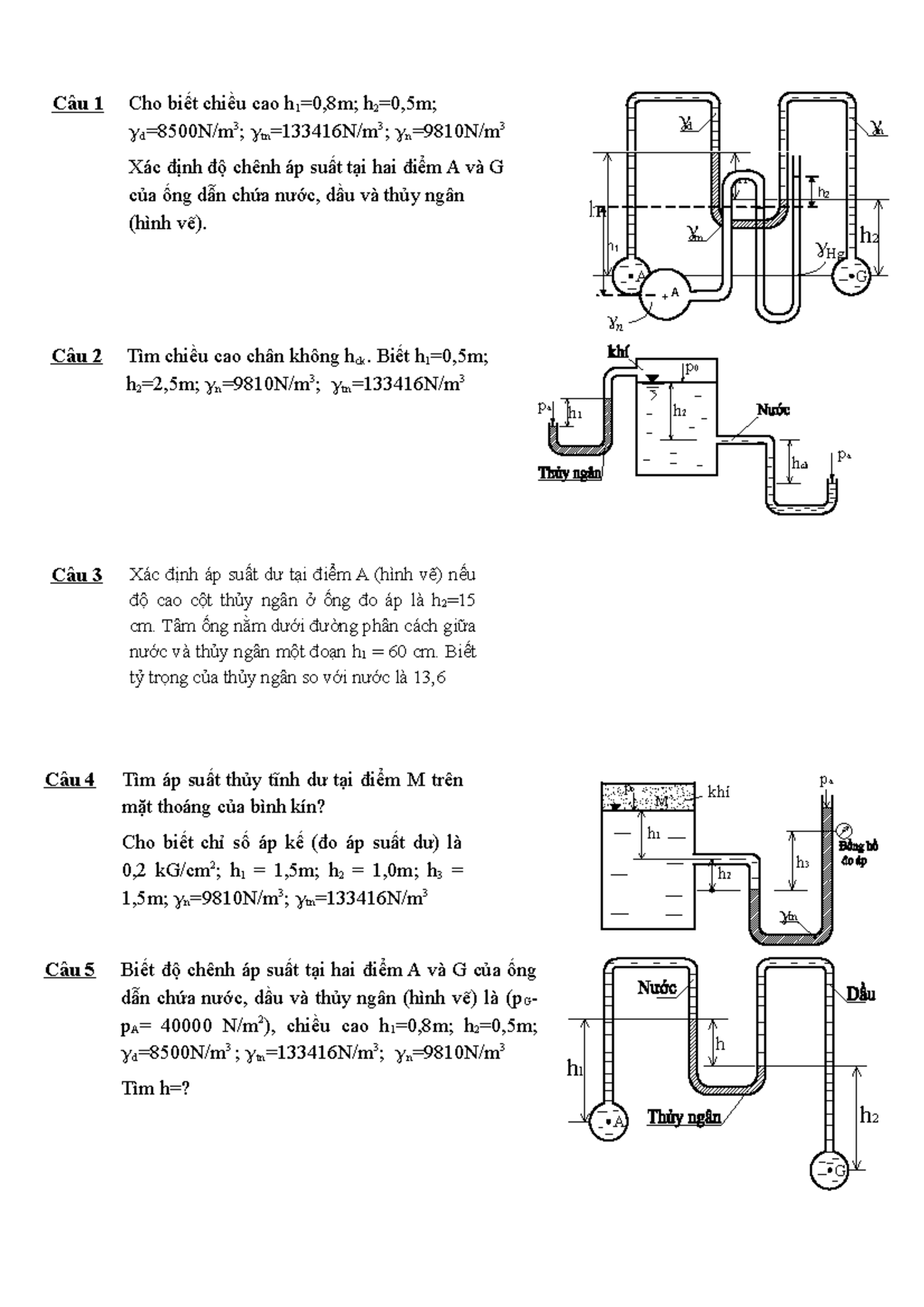 BT CHƯƠNG 1 (Tinh ap suat thuy tinh) - Câu 1 Cho biết chiều cao h 1 =0 ...