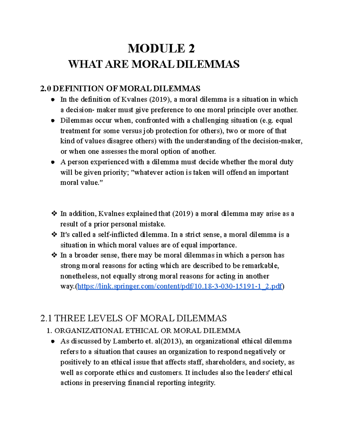 Ethics - Module 2 Notes - MODULE 2 WHAT ARE MORAL DILEMMAS 2 DEFINITION ...