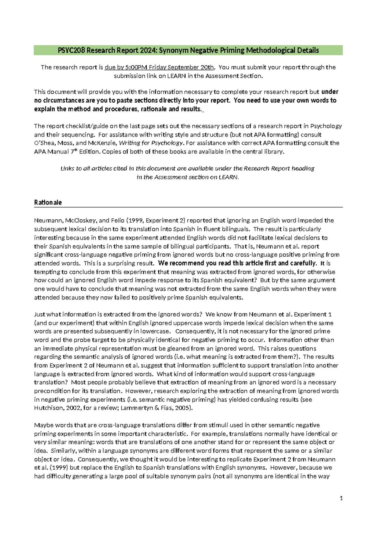 Methodological Details 2024 - PSYC208 Research Report 2024: Synonym ...