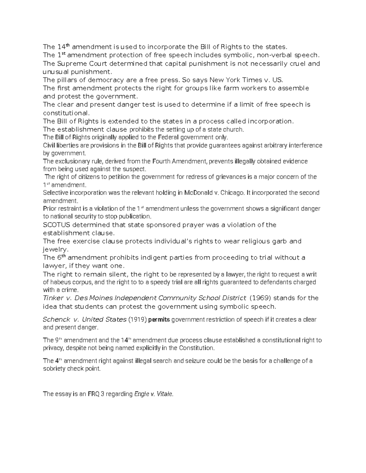 Civil liberties test review - The 14th amendment is used to incorporate ...