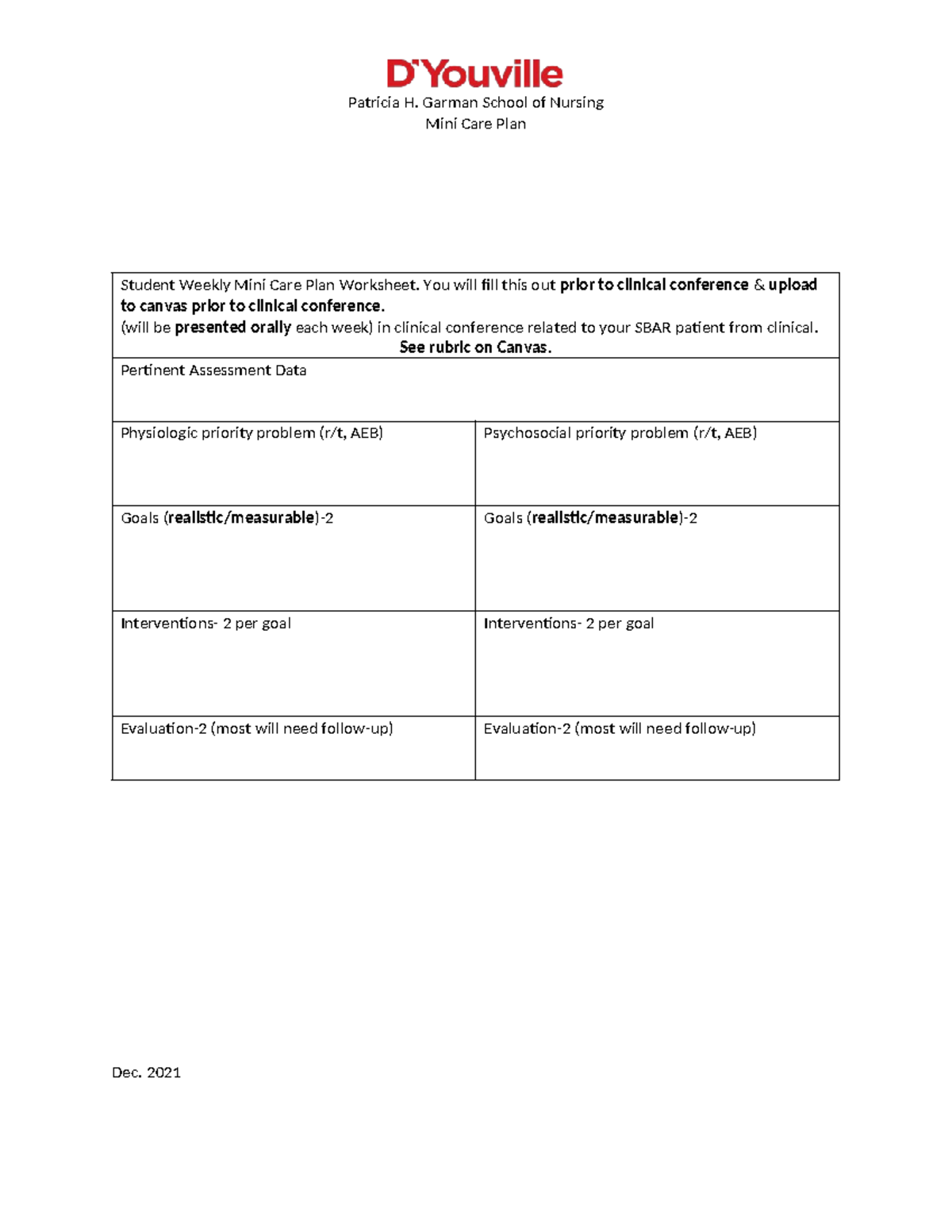 Mini Care Plan Dec. 2021 - Patricia H. Garman School of Nursing Mini ...