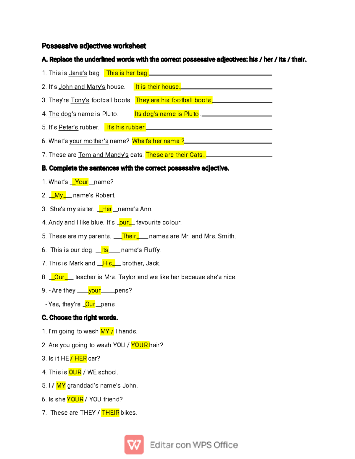 Possessive adjectives worksheet - Replace the underlined words with the ...