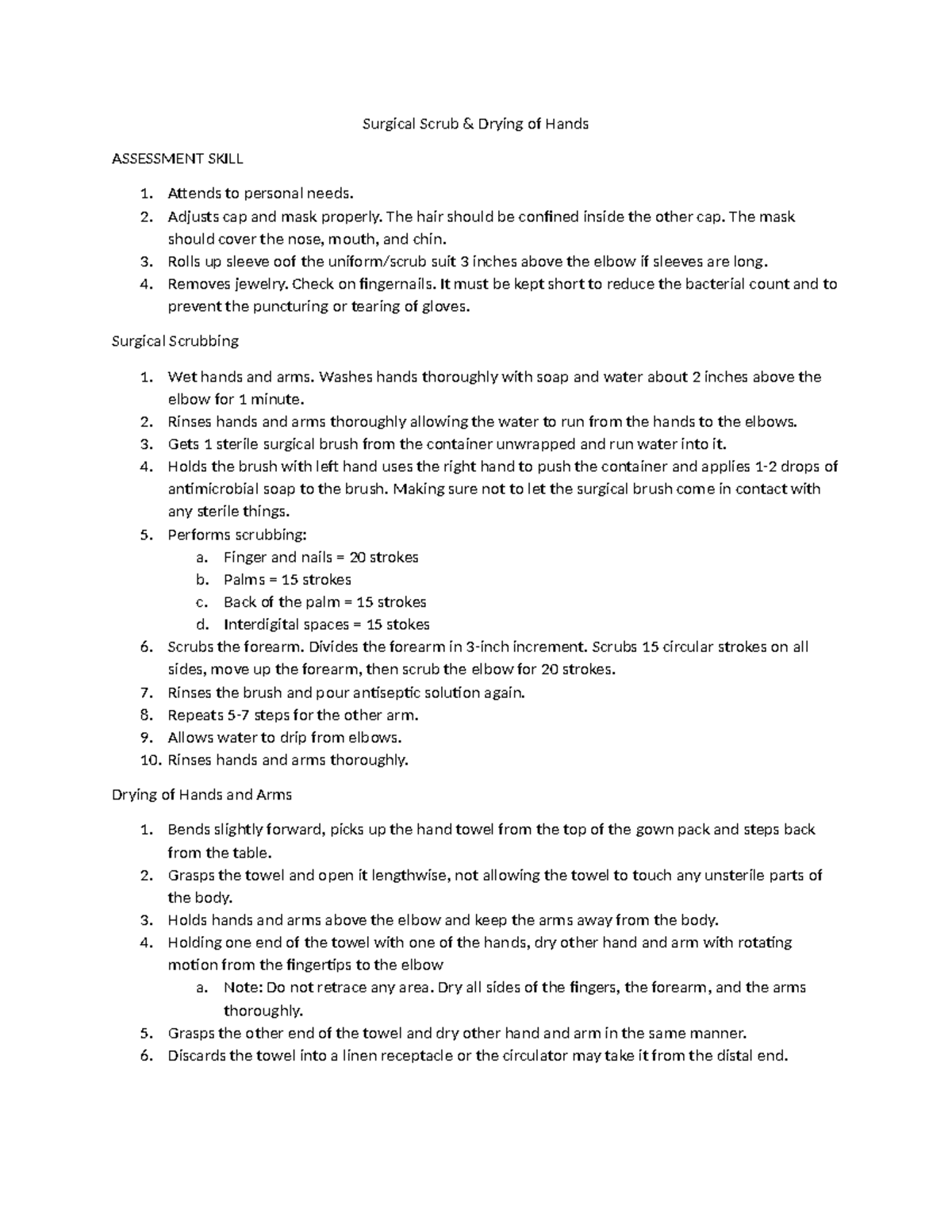 Skills-Lab-Procedures - Surgical Scrub & Drying of Hands ASSESSMENT ...