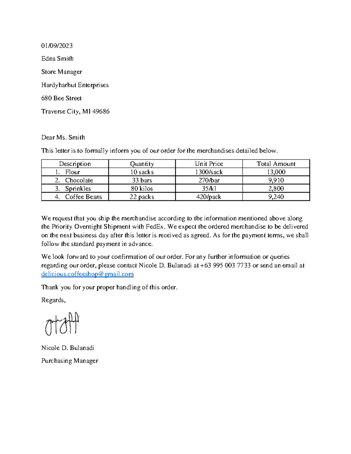 Purchase Order Letter - Purposive - 01/09/ Edna Smith Store Manager ...