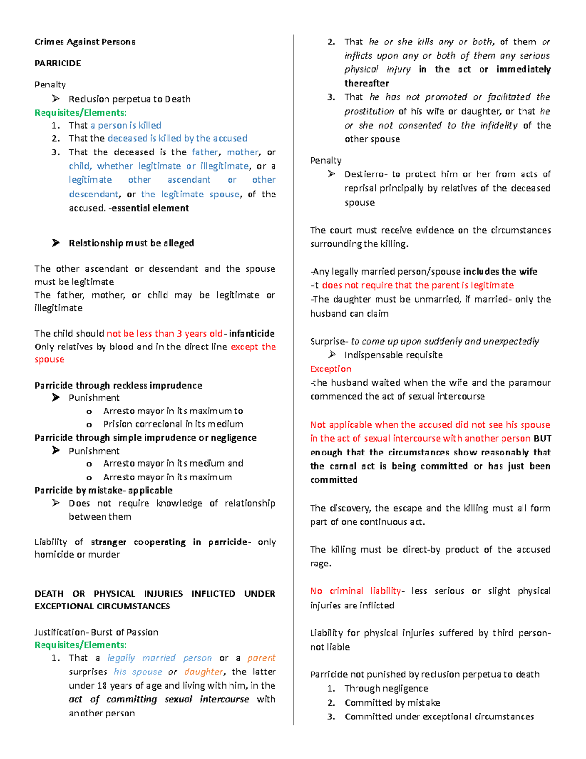 Reviewer - Crimes Against Persons PARRICIDE Penalty Reclusion perpetua ...