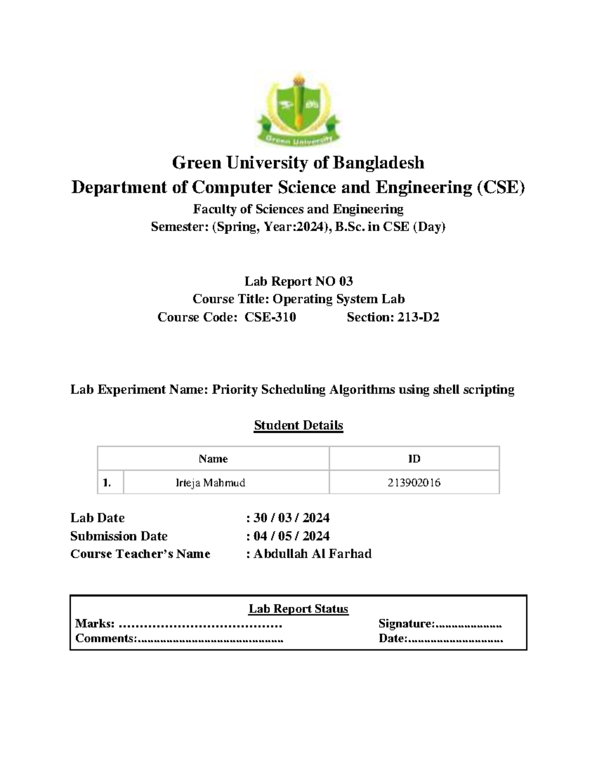 213902016 Lab Report - 03 (OS) - Green University of Bangladesh ...