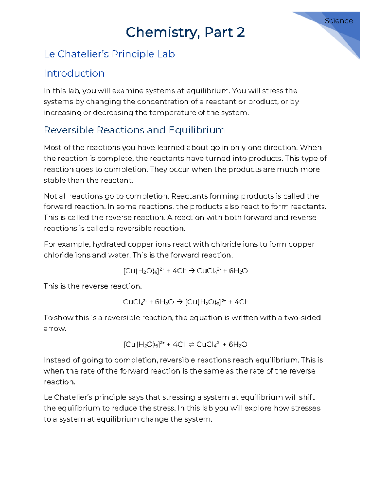 CHEM-043 M03 Le Chat Lab fillable - Chemistry, Part 2 Le Chatelier’s ...