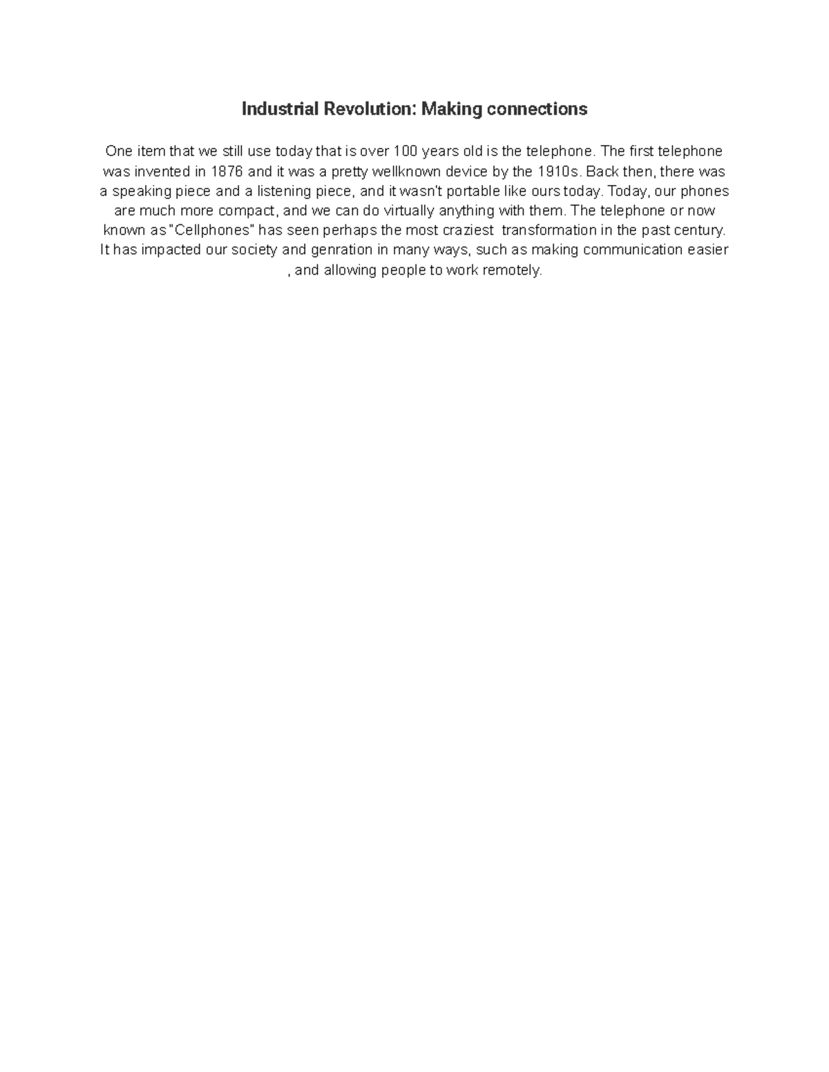 Industrial Revolution Making connections - The first telephone was ...