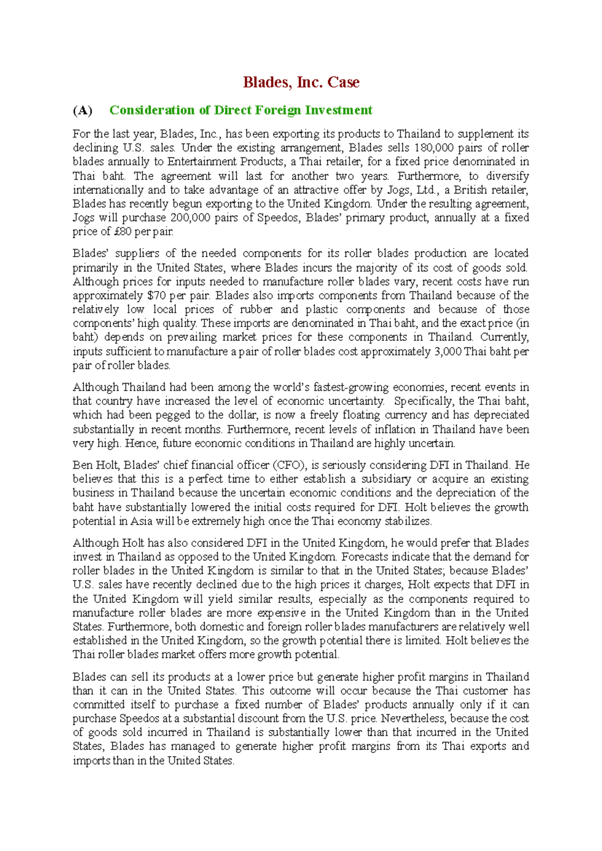 Blades, Inc. Case - Case - Blades, Inc. Case (A) Consideration of ...
