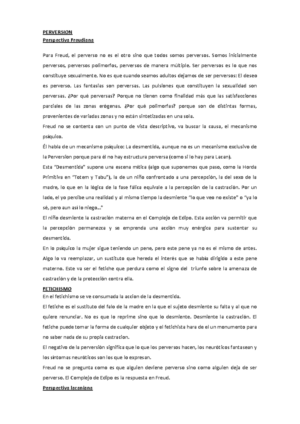 Perversion - resumen - PERVERSION Perspectiva Freudiana Para Freud, el ...