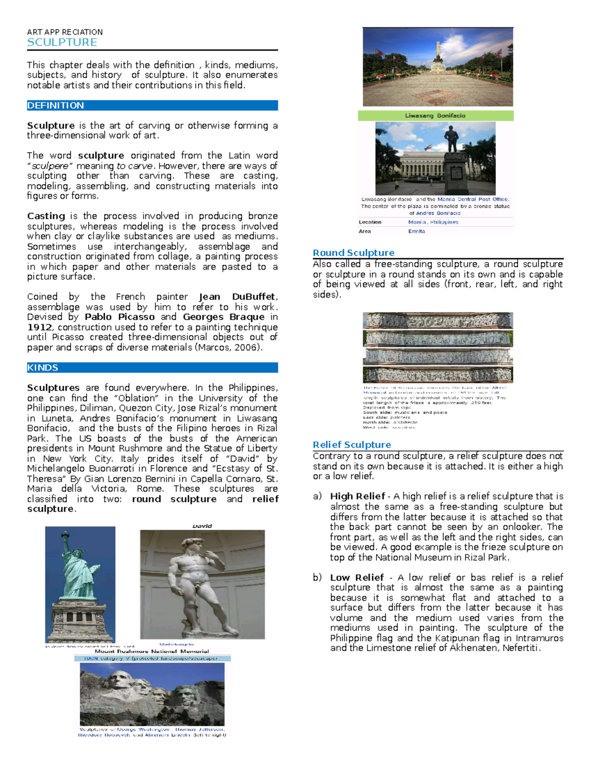 ART-APP-sculpture - Lecture notes 7 - ART APP RECIATION SCULPTURE This ...