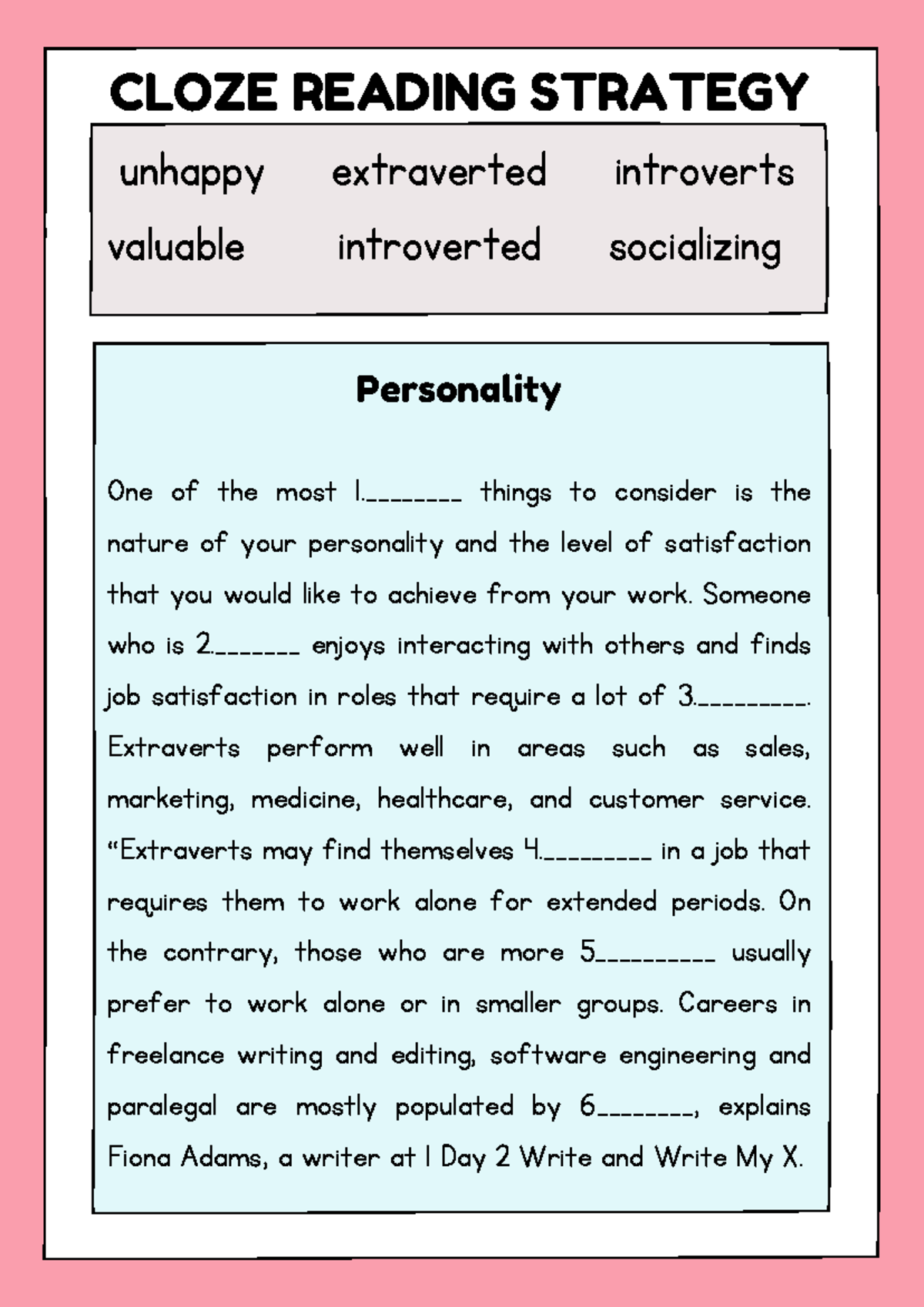 Cloze Reading Strategy English Worksheet in Colorful Minimalist Style ...