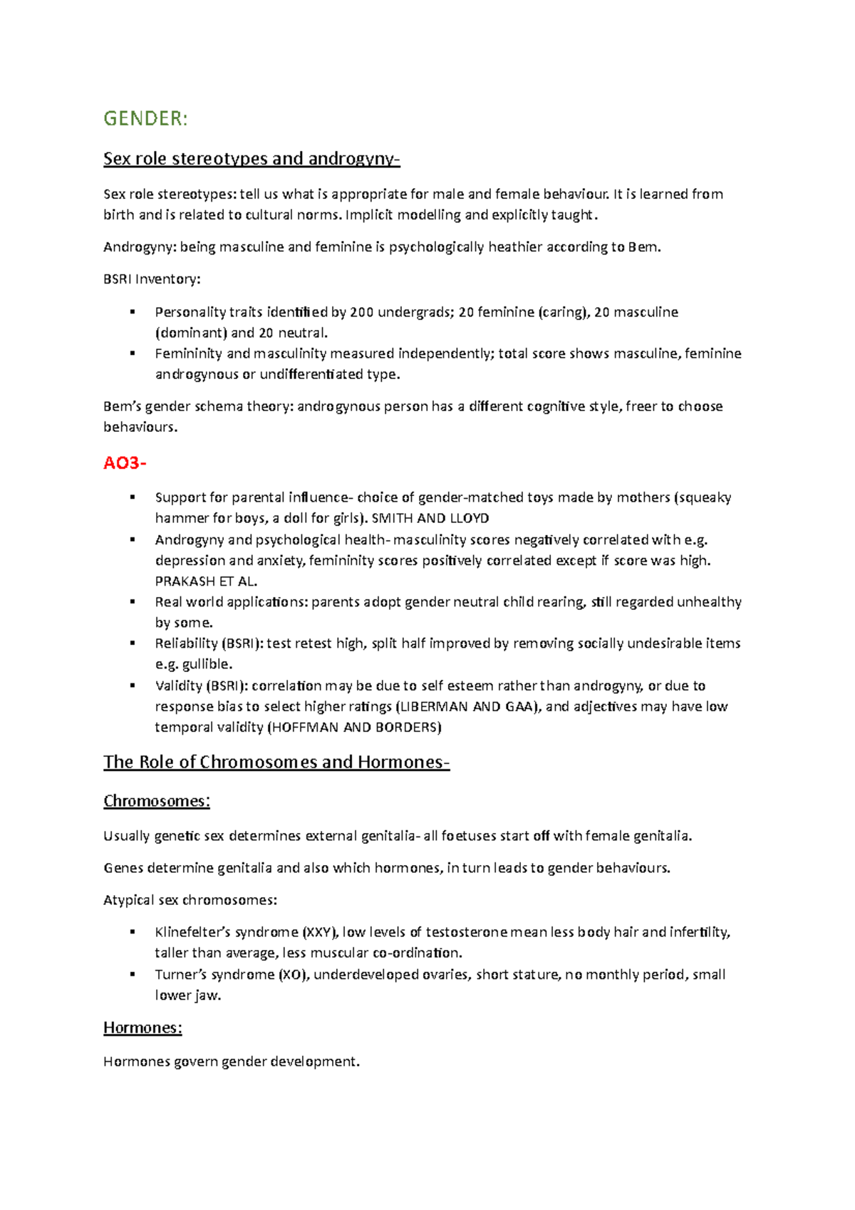 Gender revision - Psych - GENDER: Sex role stereotypes and androgyny ...