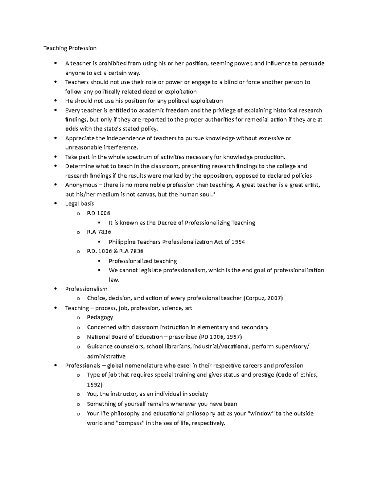 Lecture Notes about Teaching Profession - Teaching Profession A teacher ...