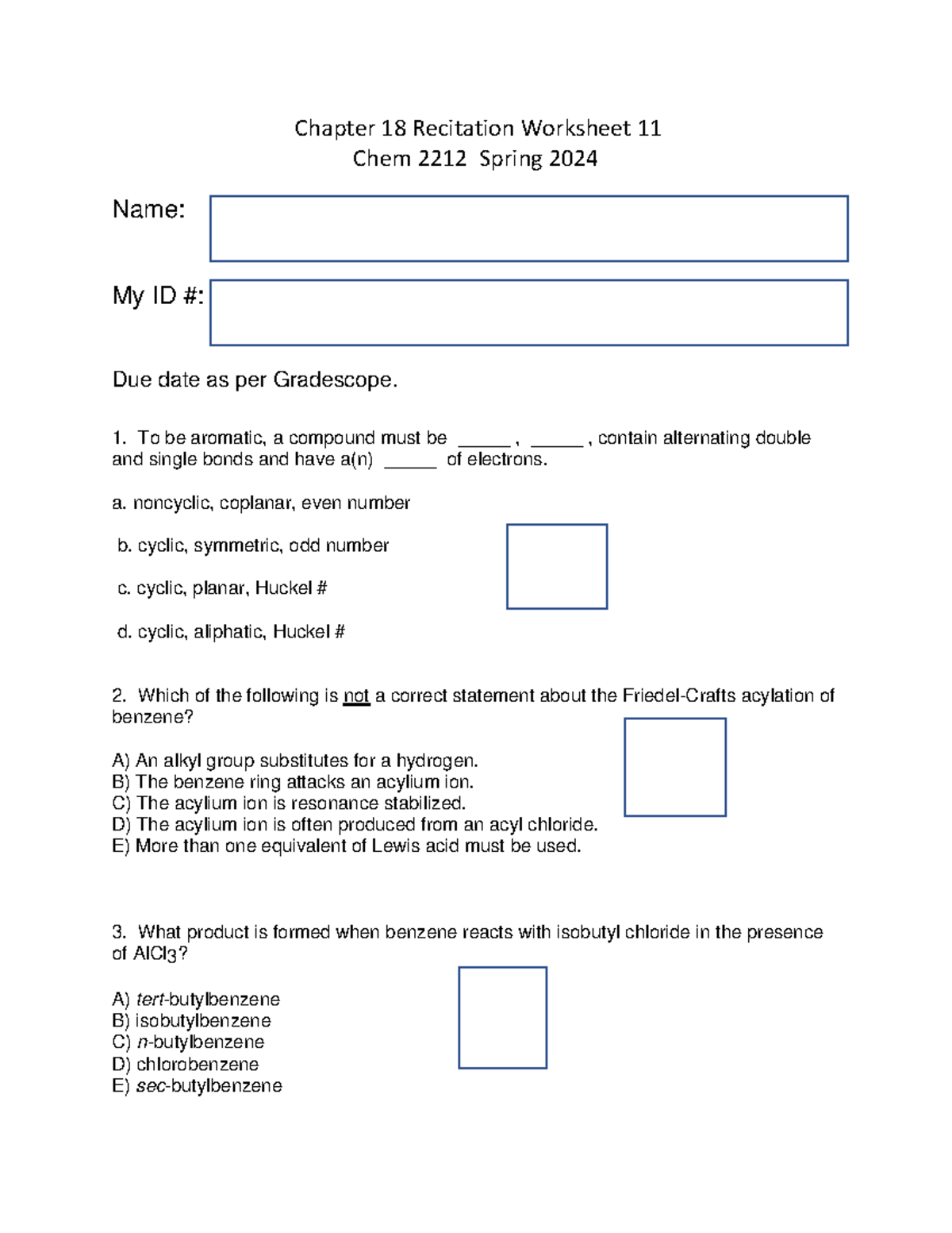 Ch 18 recitation Worksheet 11 Spring 2024 Chem 22121 - Chapter 18 ... Ch 18 recitation Worksheet 11 Spring 2024 Chem 22121 - Chapter 18 ...