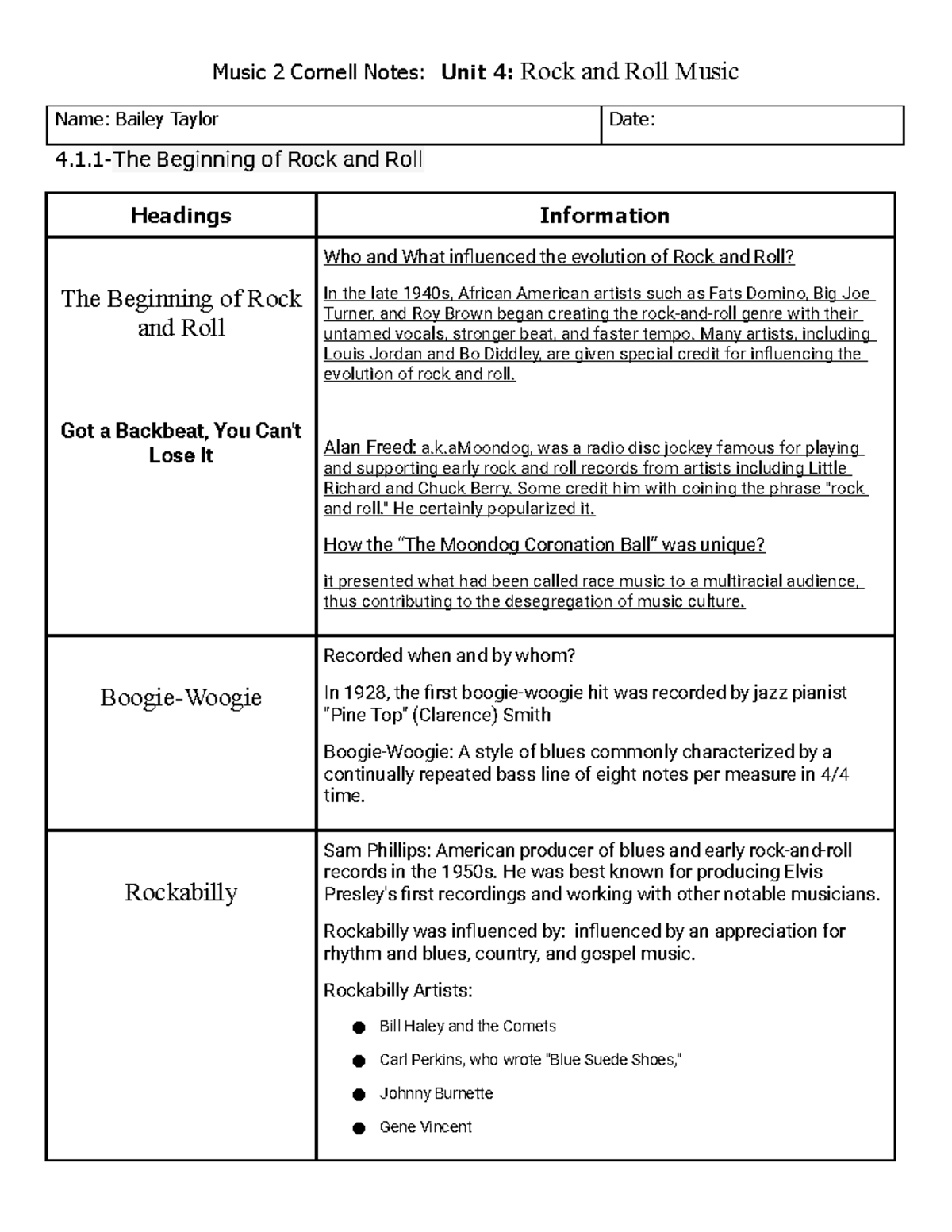 Copy of Copy of Unit 4- music 2 - Music 2 Cornell Notes: Unit 4: Rock ...