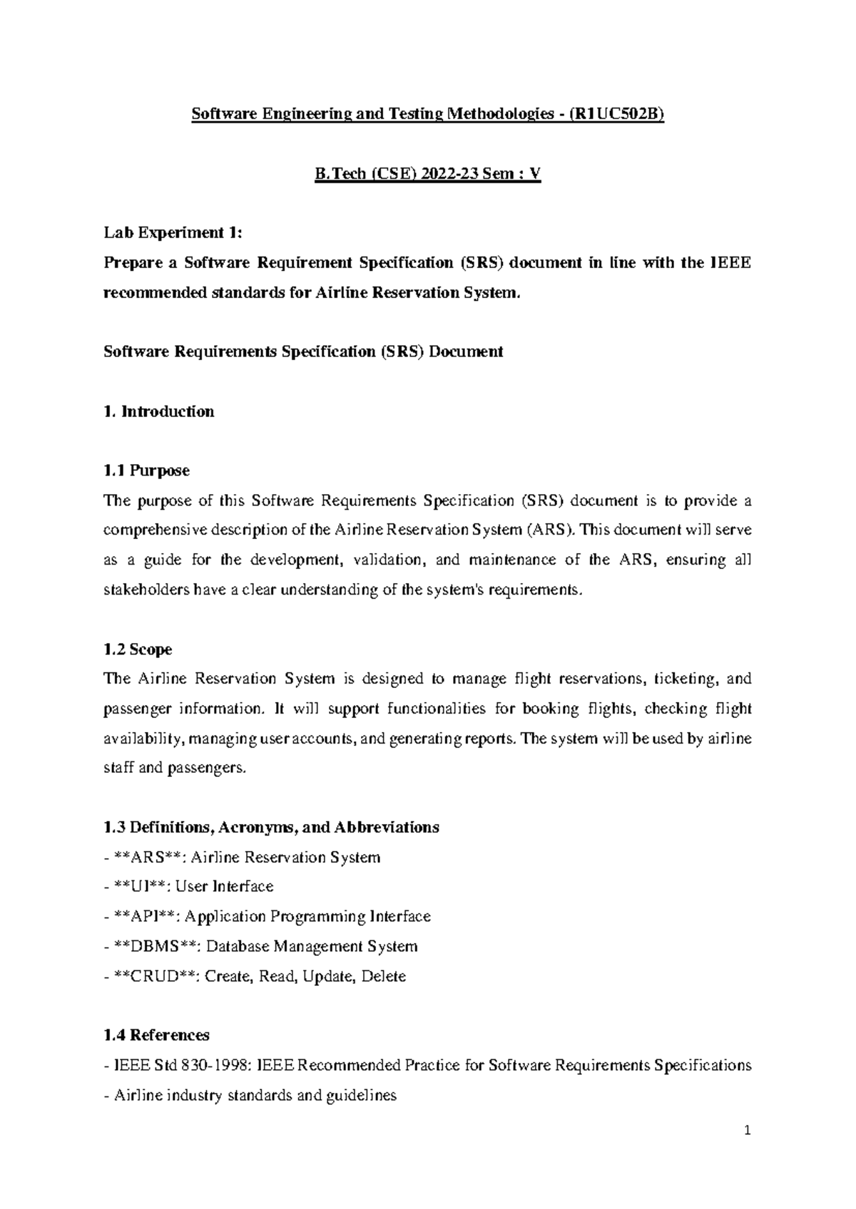 Lab Experiment 1 SRS - asas - Software Engineering and Testing ...
