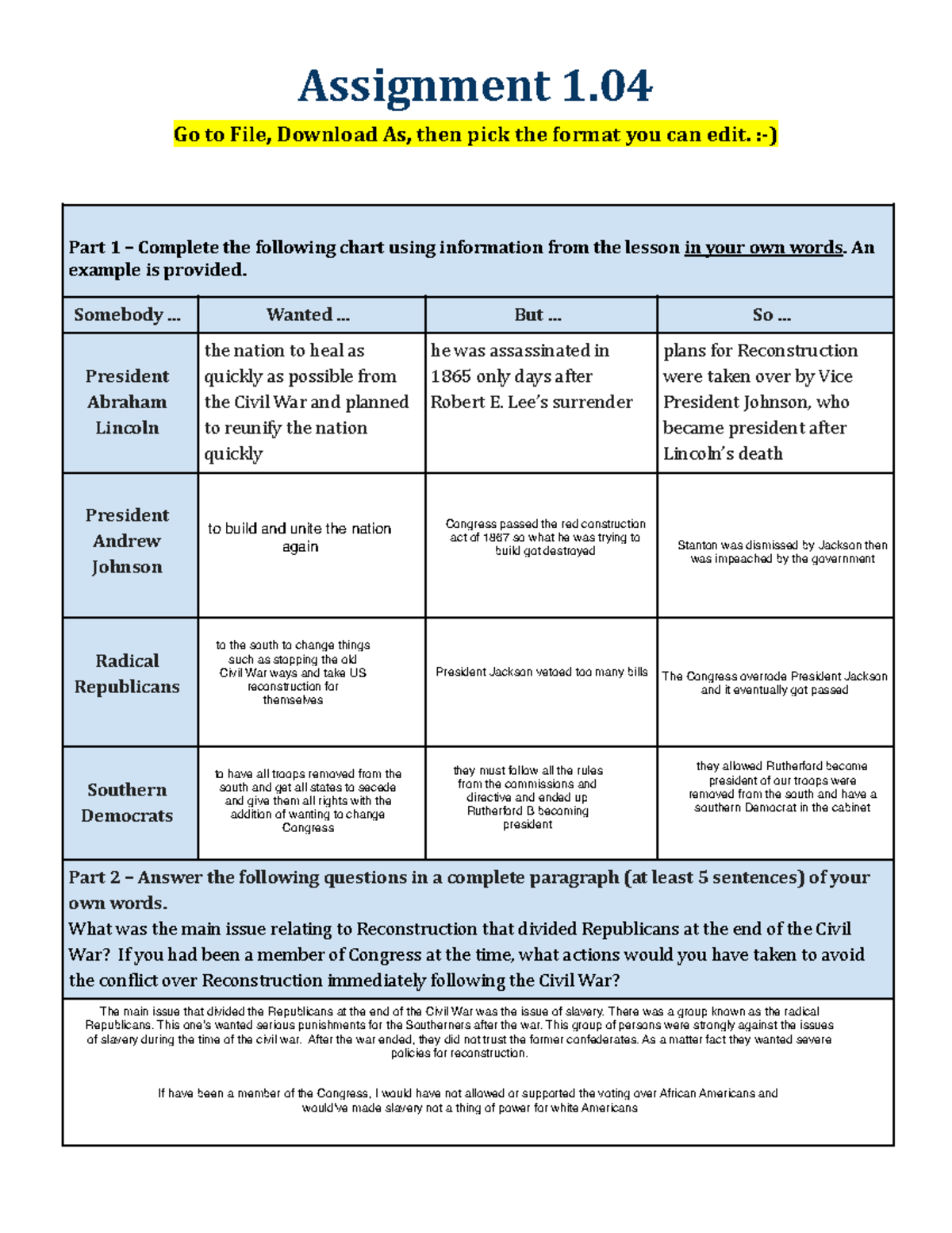 USH rtg done - First part chart - Assignment 1. Go to File, Download As ...