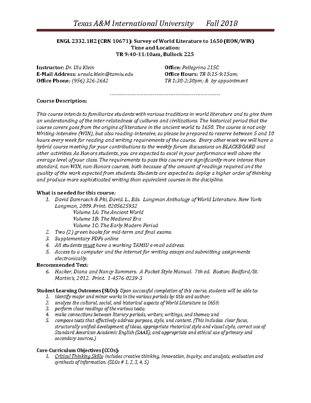 Syllabus ENGL 2332 World Literature Part - Texas A&M International ...