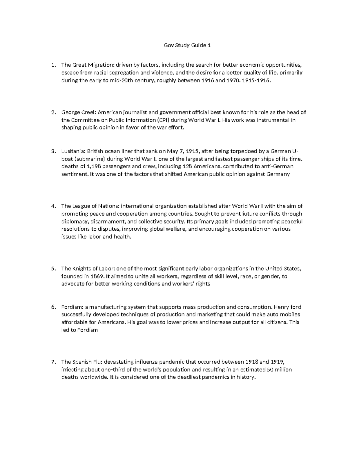 Gove study guide 1 - its good - Gov Study Guide 1 The Great Migration ...