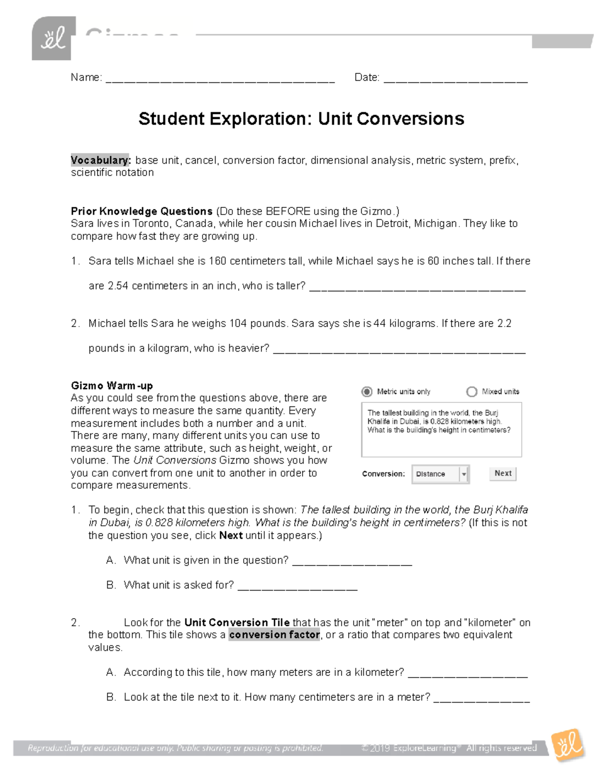 Unit Conversion SE - Name: ______________________________________ Date