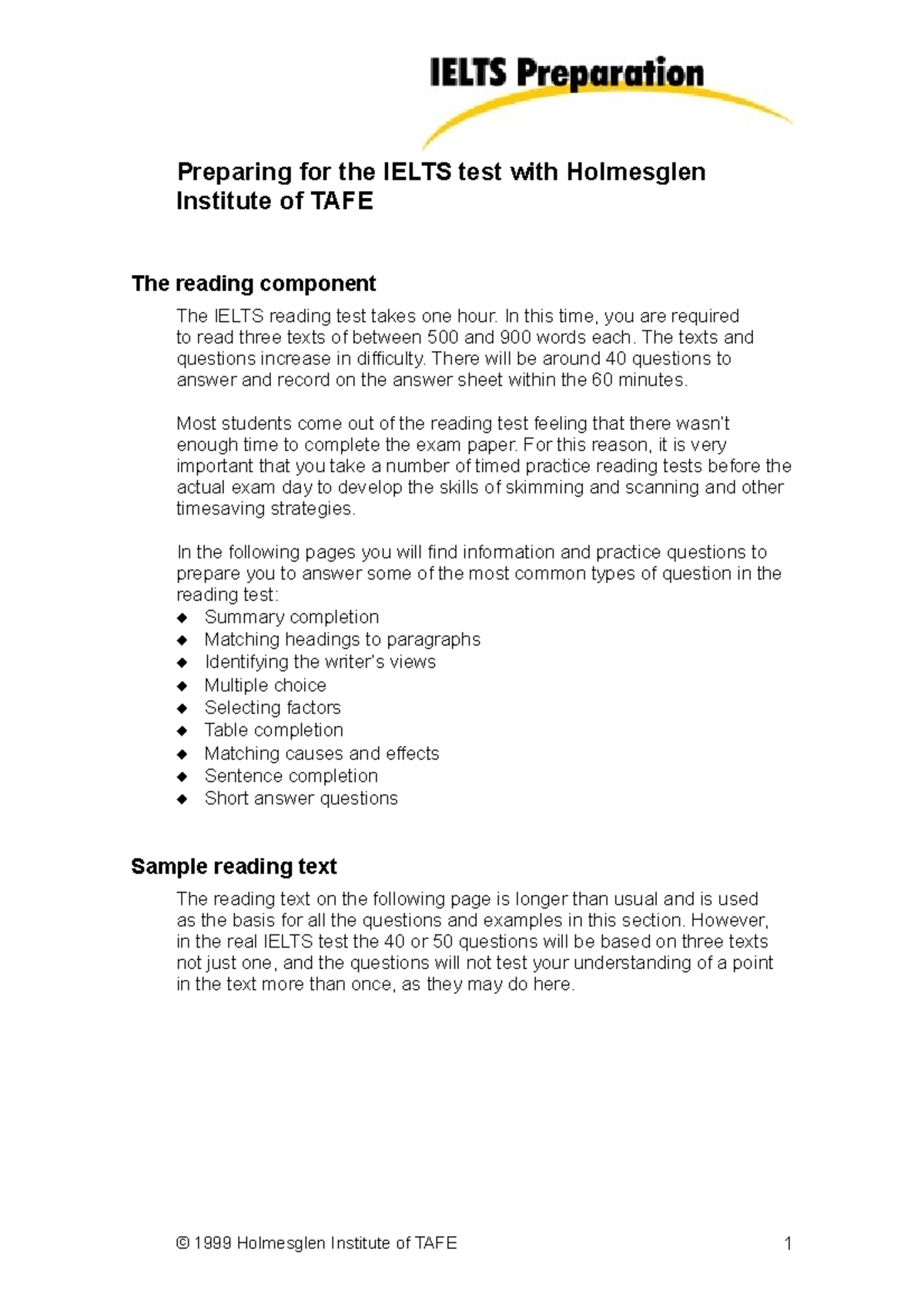 Sample Reading Passage - Preparing for the IELTS test with Holmesglen ...