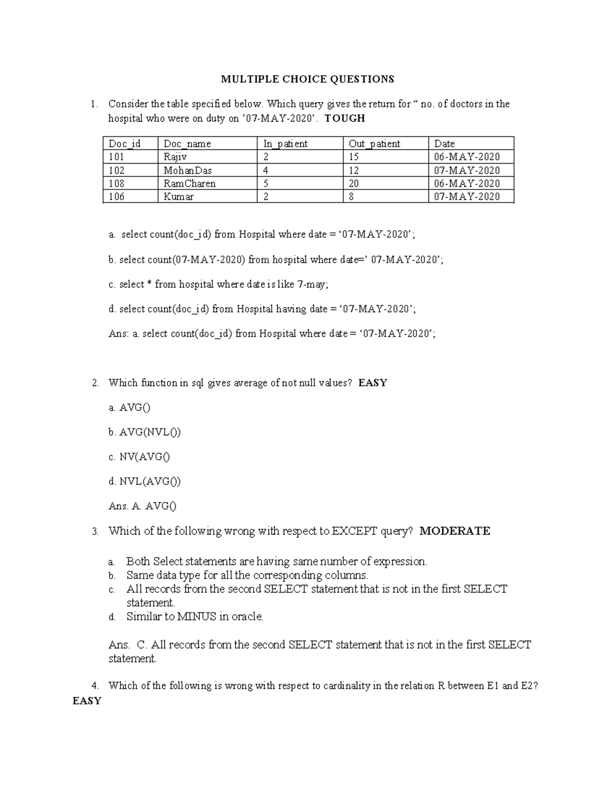 MCQ - MCQ - MULTIPLE CHOICE QUESTIONS 1. Consider the table specified ...