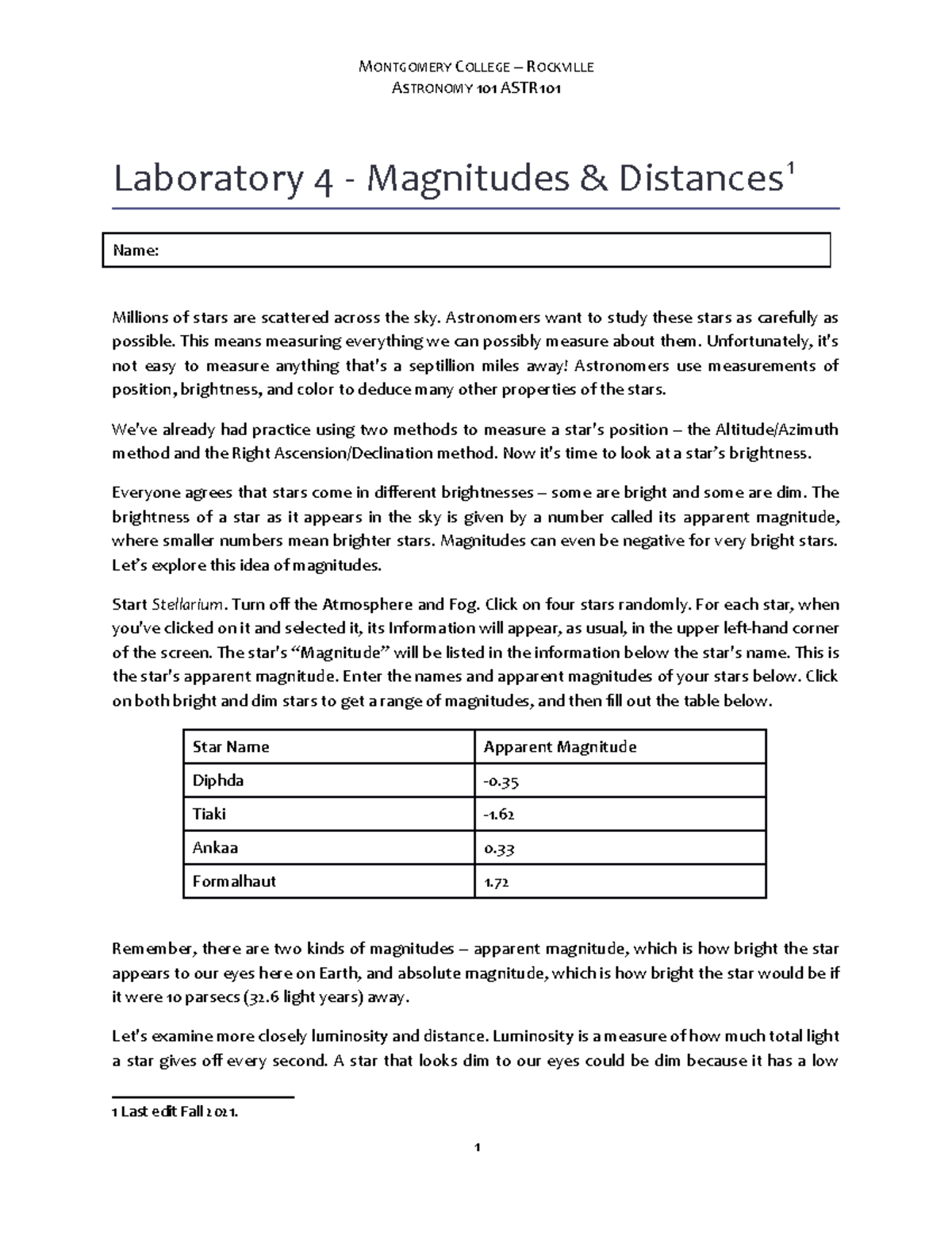 Lab 4 Astronomy introduction to Astronomy 101 - MONTGOMERY COLLEGE ...