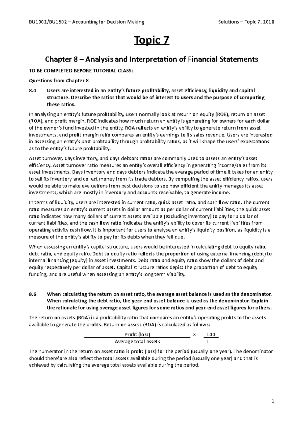 BU1002 Topic 07 Tutorial Solutions 2018 - BU1002/BU1902 – Accounting ...