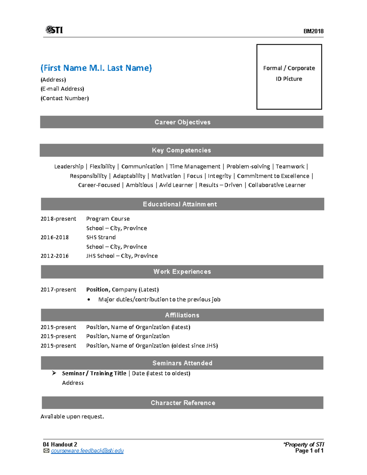 Resume guide - BM 04 Handout 2 *Property of STI courseware@sti Page 1 ...
