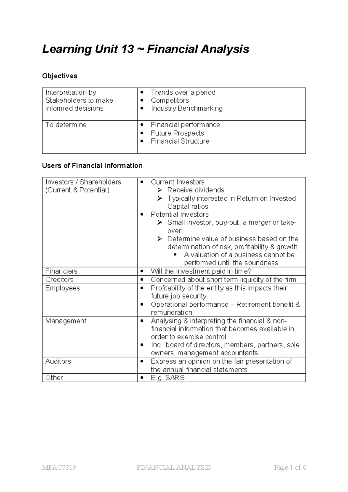 Learning Unit 13 ~ Financial Analysis - Learning Unit 13 ~ Financial Analysis Objectives - Studocu